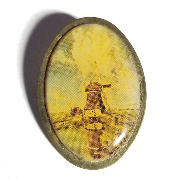 Vintage | Jewelry | Vintage Windmill Brooch Yellow Gold Tone Pin Oval ...